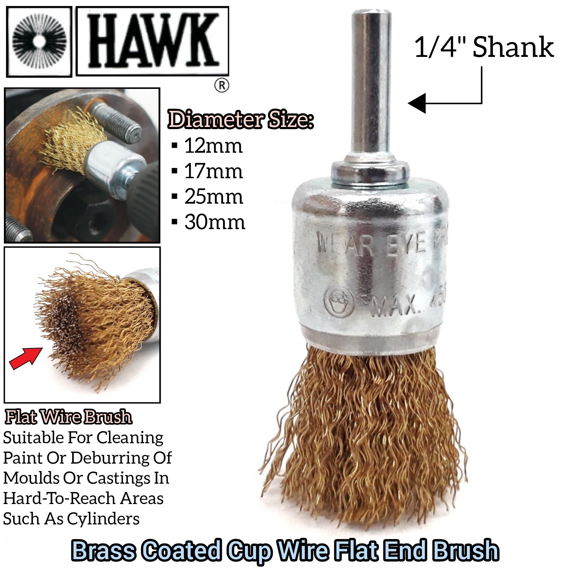 Hawk 1/4" shark 12mm Super Heavy Duty Cup Wire Flat End Brass Coated ...