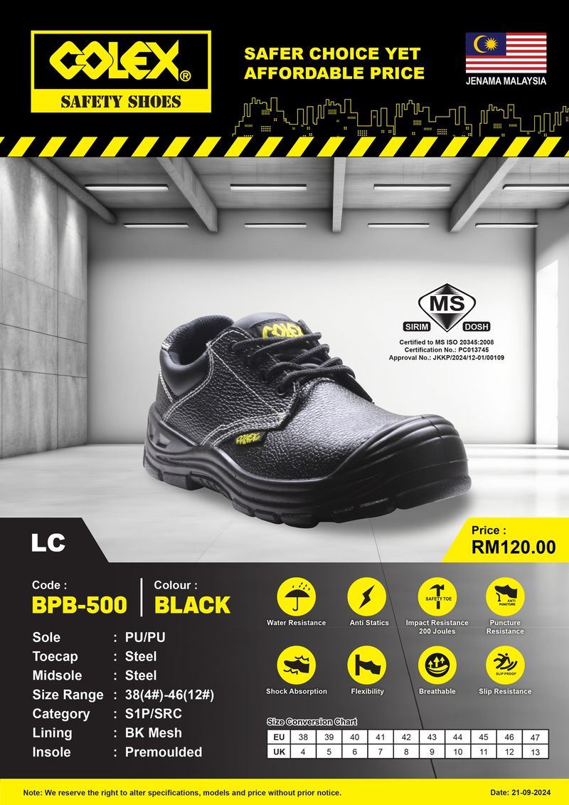 COLEX BPB-500 Steel Toe Cap Mid Sole Low Cut Safety Shoes Kasut (Black)